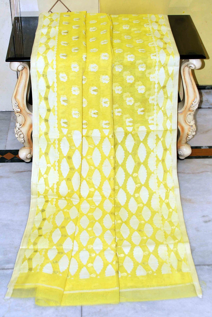 Self Woven Nakshi Work Cotton Muslin Jamdani Saree in Yellow, Off Whit – Bengal Looms India