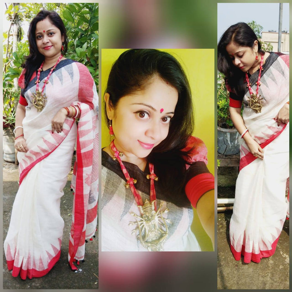 Durga Puja "Sashthi" style in a Khadi Linen Saree – Bengal Looms India