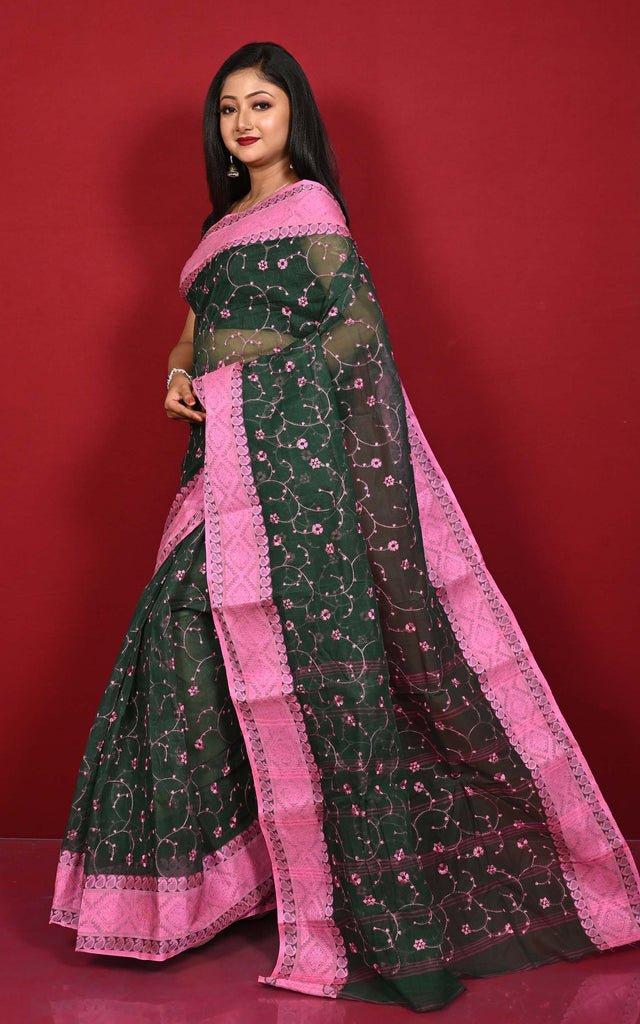Bengal Handloom Cotton Saree with Floral Jaal Embroidery Work in Dark ...