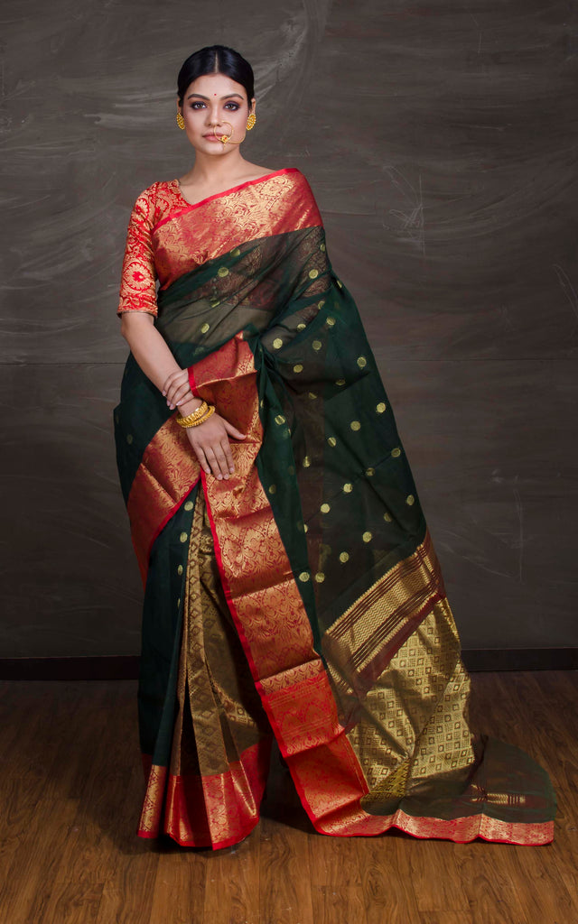 Bengal Handloom Tanchui Work Patli Pallu Saree in Bottle Green, Red an ...