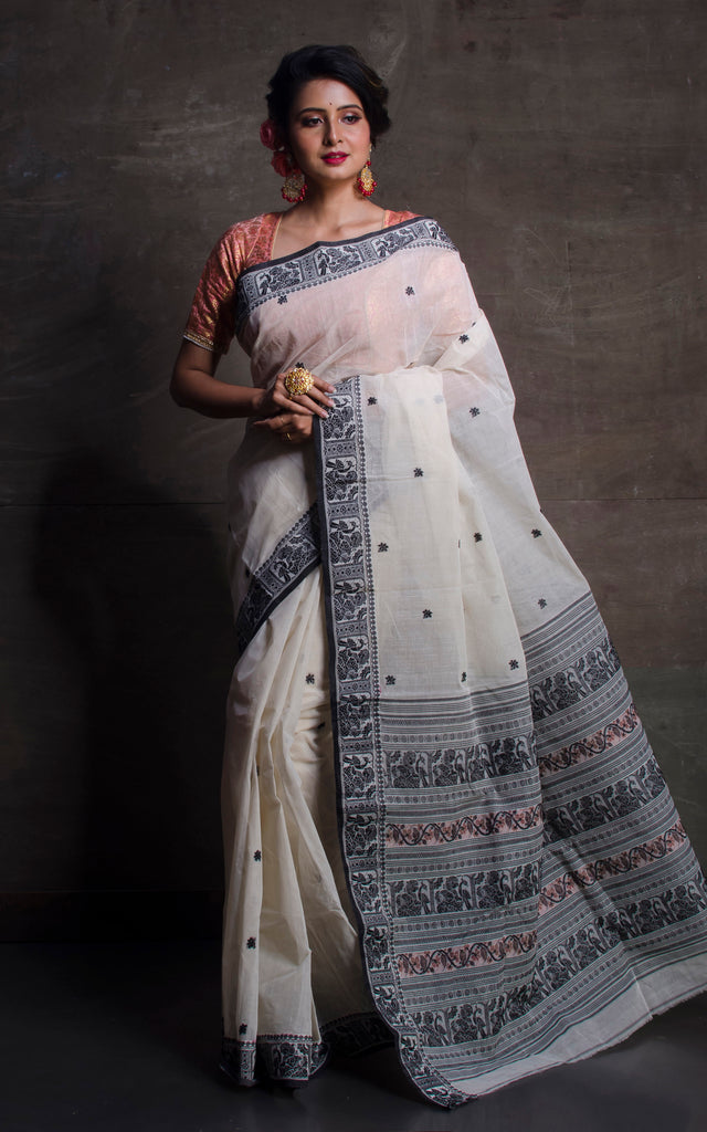 Bengal Handloom Cotton Baluchari Saree in Off White, Black and Dark Be ...