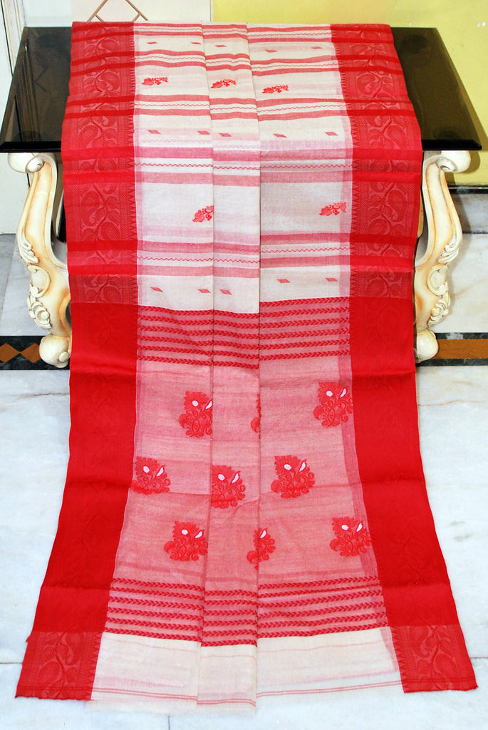 Sil Nakshi Border Bengal Handloom Cotton Bomkai Saree in Off White and ...