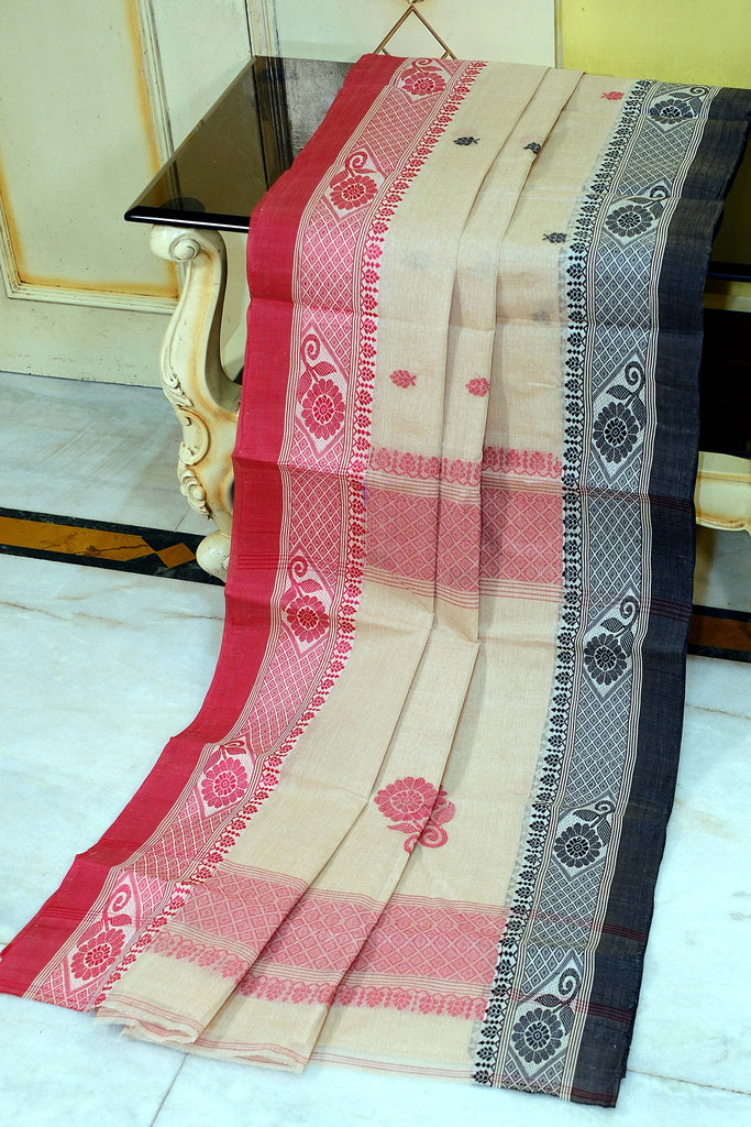 Handwoven Bengal Handloom Cotton Kalakshetra Saree in Beige, Red and B ...