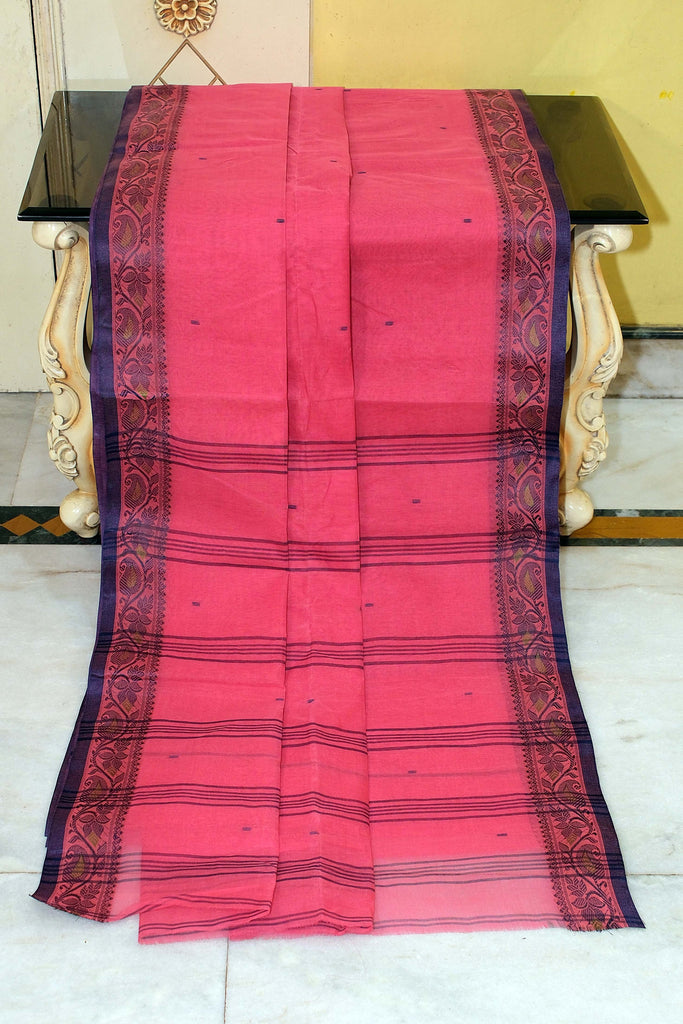 Thread Nakshi Jacket Border Bengal Handloom Cotton Saree in French Ros ...