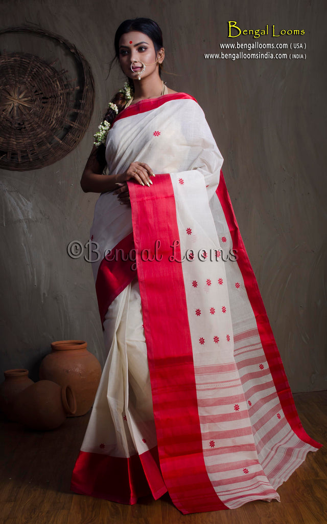 Bengal Handloom Satin Silk Border Cotton Saree in White and Red ...