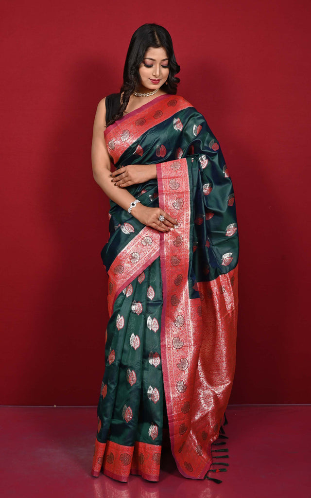 Traditional Nakshi Motif Work Softy Katan Silk Sari in Pthalo Green an ...