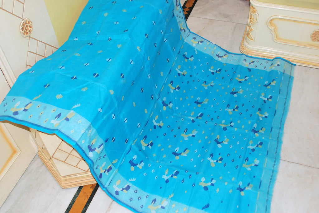 Traditional Hand Karat Work Cotton Jamdani Saree in Blue, Navy Blue an ...