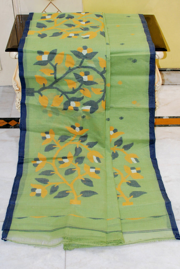 Nakshi Hand Work Jamdani Saree in Soup Green, Midnight Blue, Amber and ...