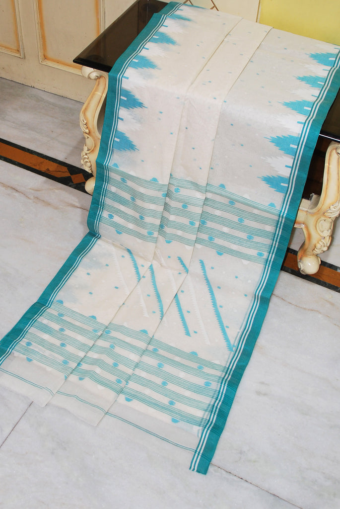 Crowned Temple Border Work Pure Cotton Bengal Jamdani Saree in Off Whi ...