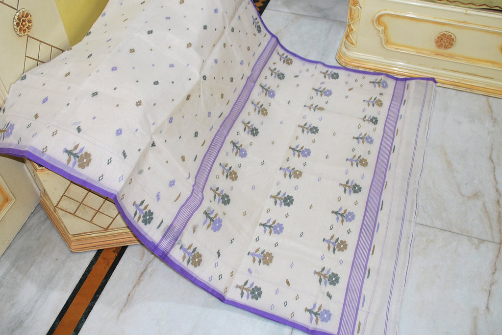 Traditional Hand Karat Work Cotton Jamdani Saree in Off White, Purple ...