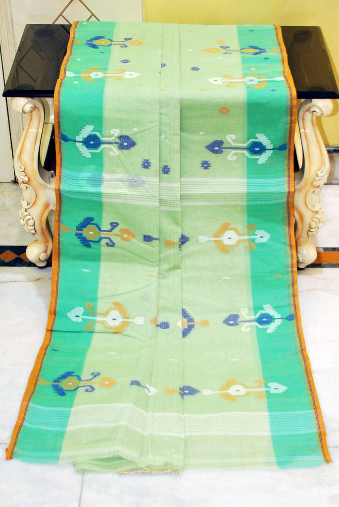 Hand Work Cotton Dhakai Jamdani Saree in Paste Green and Multicolored ...