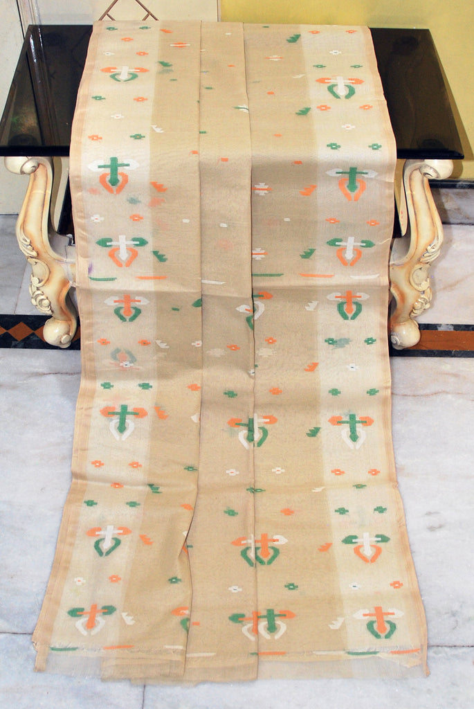 Traditional Hand Karat Work Cotton Jamdani Saree in Water Chestnut wit ...