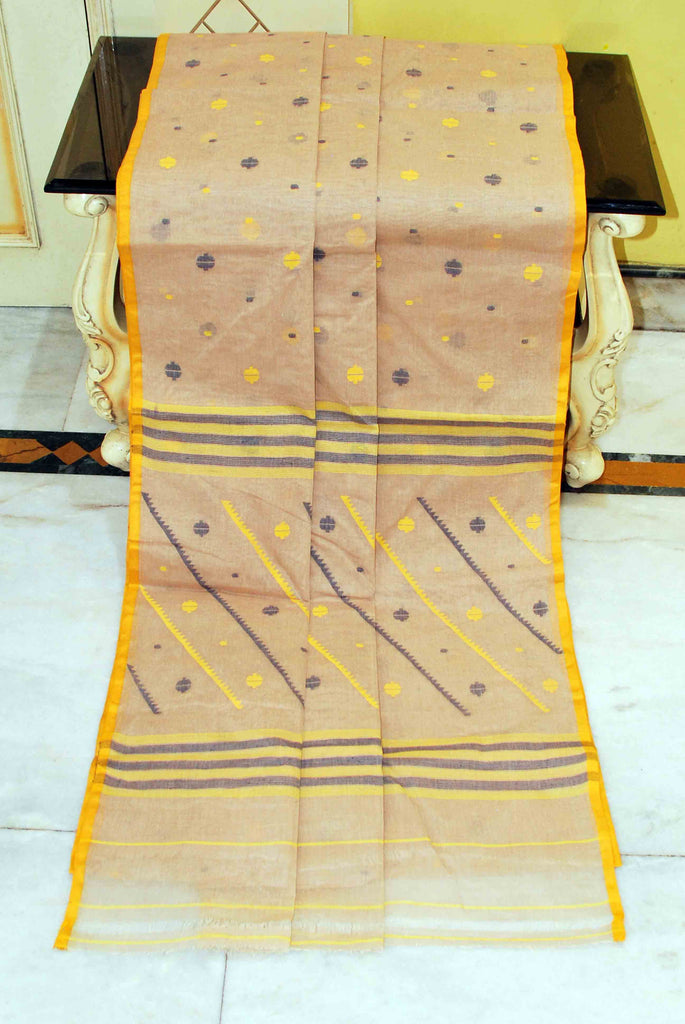 Traditional Needle Karat Work Poth Jamdani Saree in Biscotti, Bright Y ...