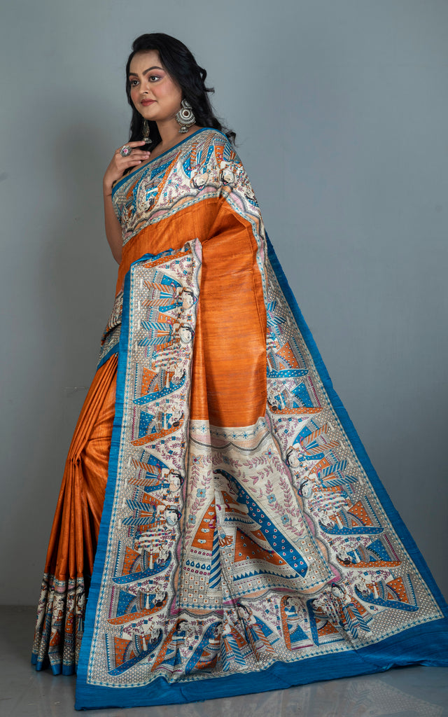 Traditional Tussar Gicha Kalamkari Saree in Rusty Orange, Blue, Hot Pi ...