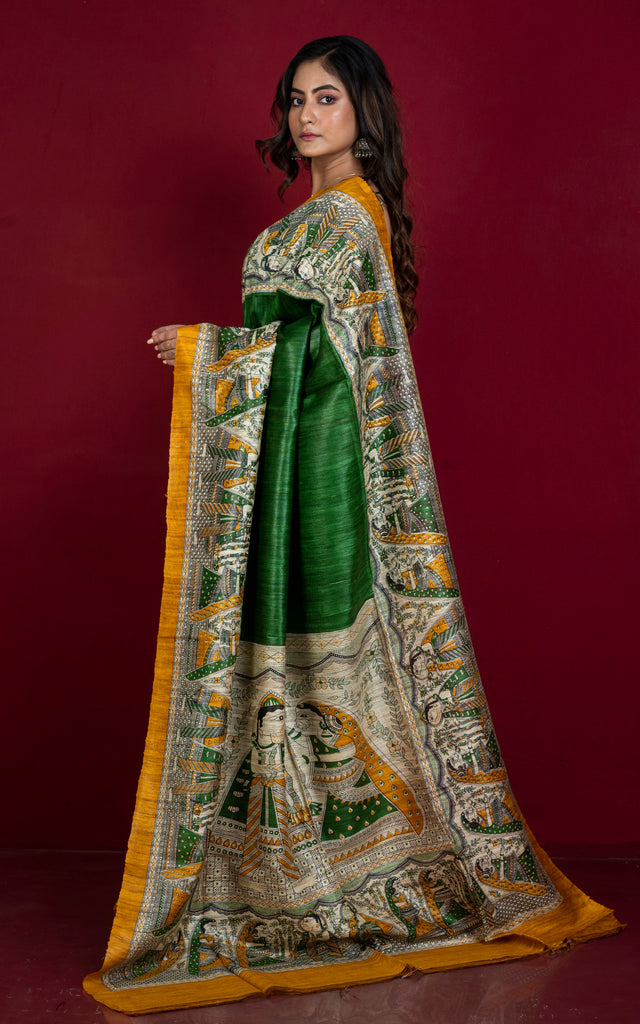 Traditional Tussar Gicha Kalamkari Saree in Dark Green, Amber Yellow ...