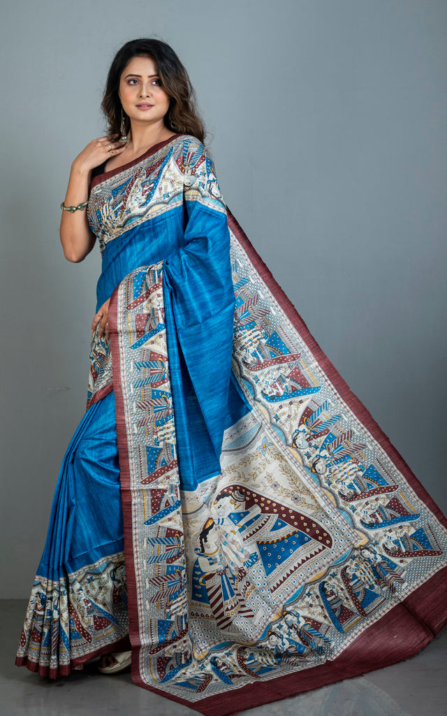 Traditional Tussar Gicha Kalamkari Saree in Sapphire Blue, Yellow, Bei ...