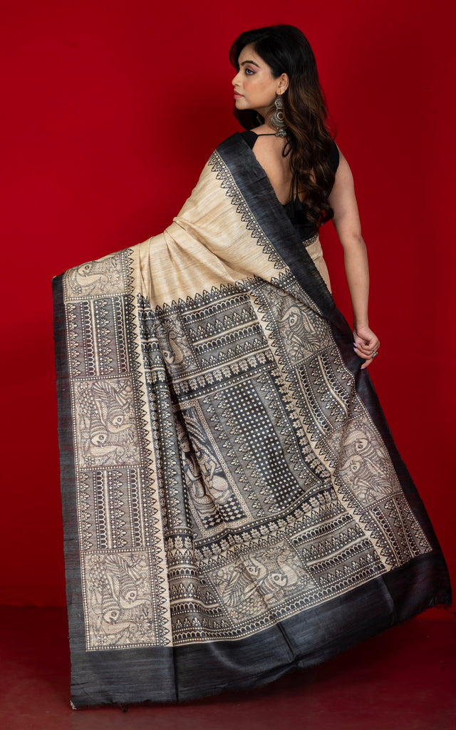 Soft Tussar Gicha Kalamkari Saree in Natural Beige and Black – Bengal ...