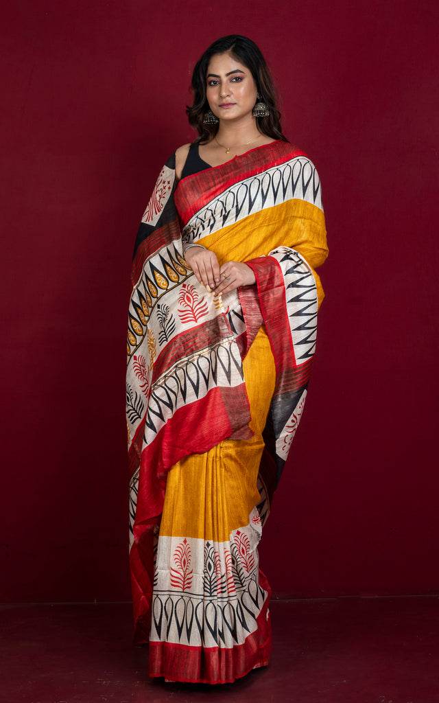 Soft Quality Block Printed Pure Gicha Tussar Silk Saree in Mustard Yel ...