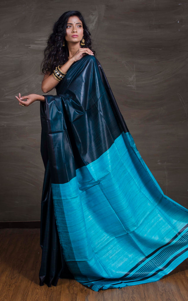 Handwoven Soft Staple Gicha Tussar Saree in Black and Capri Blue ...