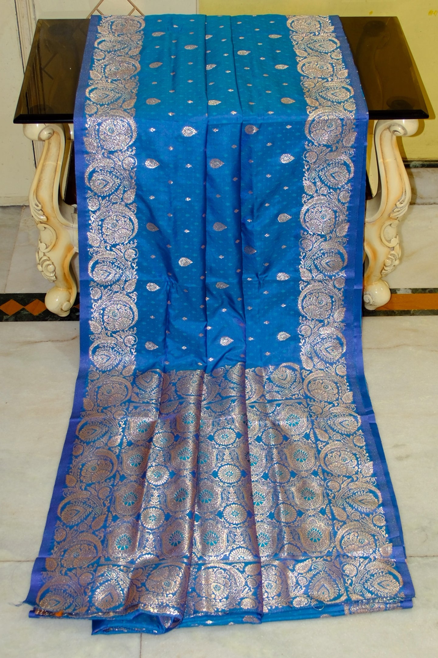 Jamawar Satin Tanchui Katan Silk Sari in Venice Blue and Deep Sea Gree ...