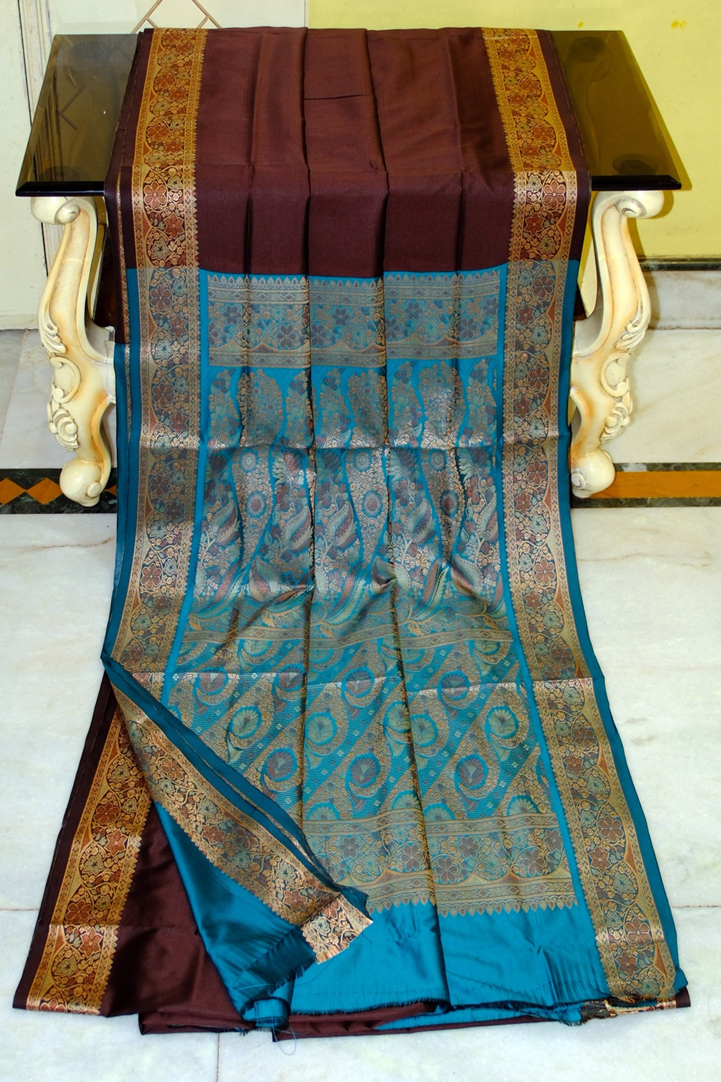 Pashmina Thread Work Gadwal Silk Sari in Cocoa Bean, Bondi Blue and Be ...