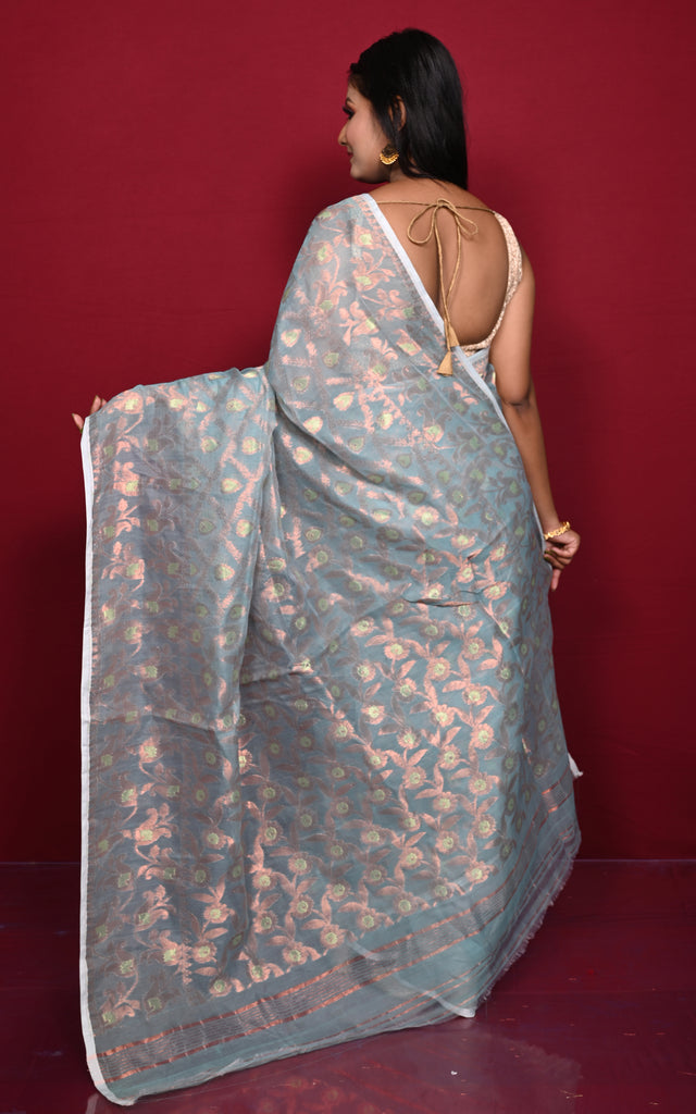 Traditional Floral Nakshi Work Soft Brocade Jamdani Saree in Grey Blue ...