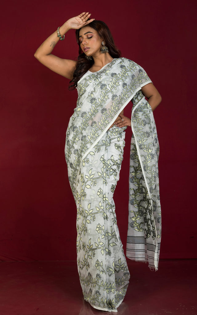Traditional Soft Jamdani Saree in Off White, Black and Gold – Bengal ...
