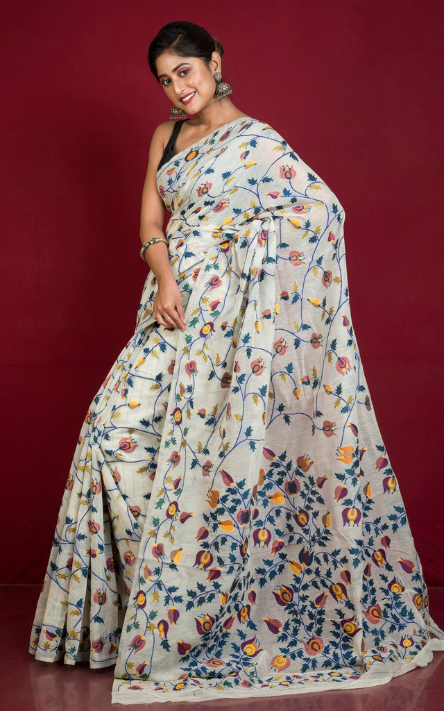 Tantuja Inspired Traditional Soft Jamdani Saree in Stone Beige and Mul ...