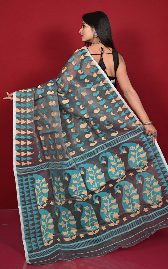 Crowned Temple Border Handwoven Nakshi Butta Work Cotton Muslin Jamdan ...
