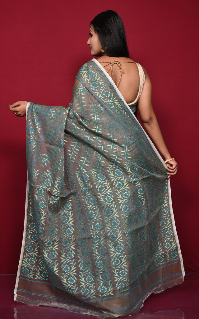Traditional Soft Jamdani Saree in Dark Brown,Teal and Gold – Bengal ...