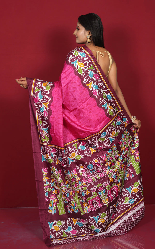 Printed Soft Semi Gicha Silk Saree in Pink, Maroon and Multicolored ...
