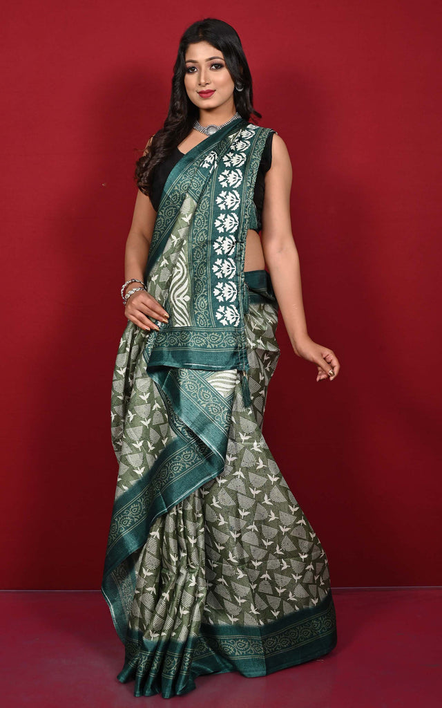 Printed Soft Semi Gicha Silk Saree in Basil Green and Off White ...