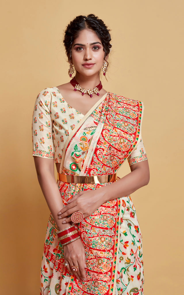 Kashmiri Handloom Modal Silk Woven Kani Saree In White, Red and Multic ...