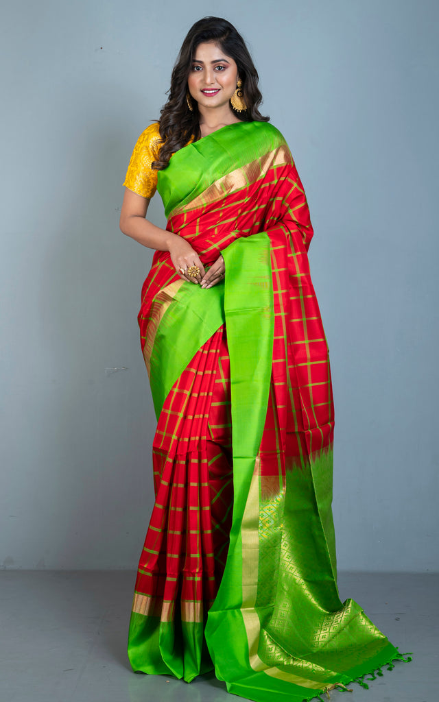 Soft Silk Checks Kanchipuram Silk Saree in Natural Red, Green, Green a ...