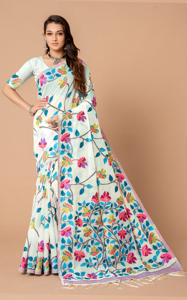 Tantuja Inspired Traditional Soft Jamdani Saree in Spring White, Black ...