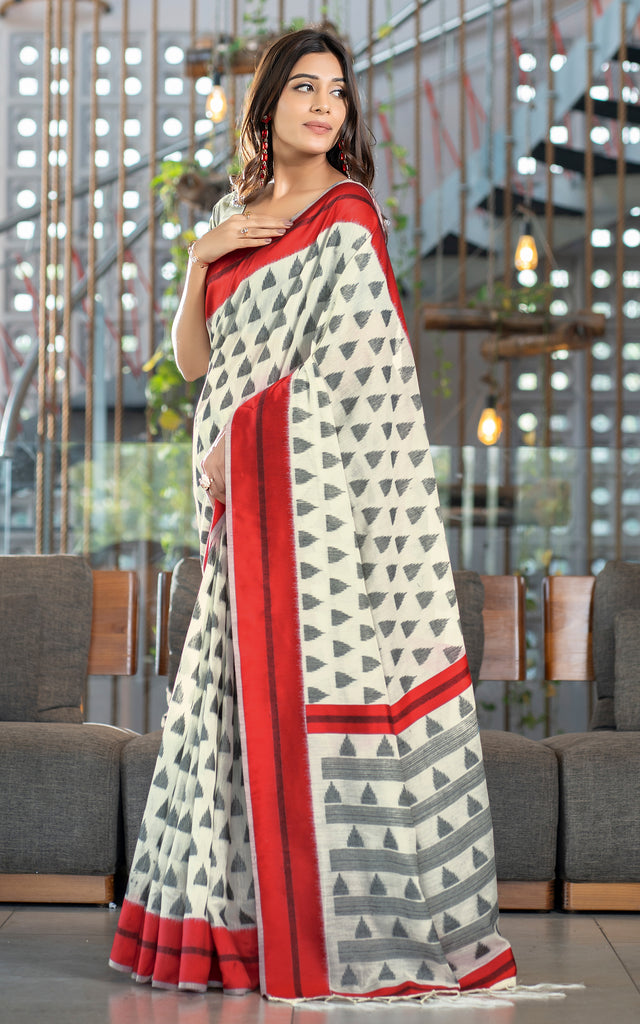 Designer Soft Jamdani Saree in Off White, Black and Red – Bengal Looms ...