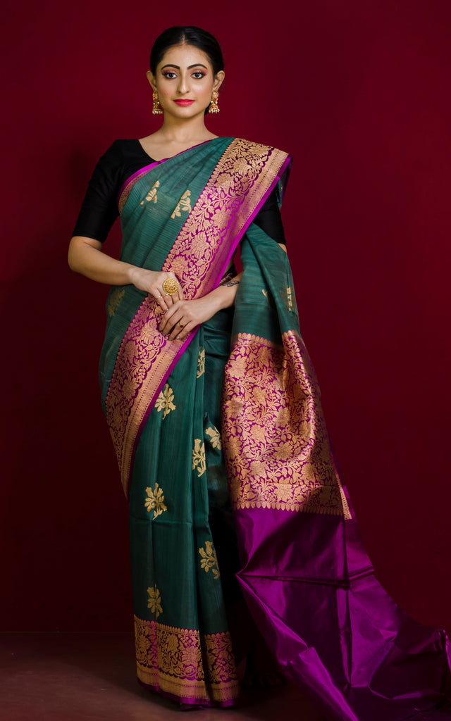 Premium Quality Tussar Banarasi Silk Saree in Myrtle Green and Magenta ...