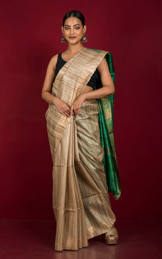 Pure Handloom Gicha Tussar Saree in Natural Tussar Color and Emerald G ...