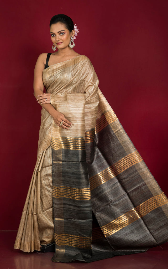 Pure Handloom Gicha Tussar Saree in Natural Tussar Color and Charcoal ...