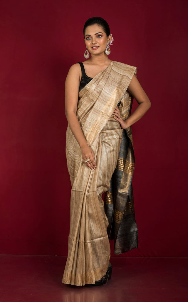 Pure Handloom Gicha Tussar Saree in Natural Tussar Color and Charcoal ...