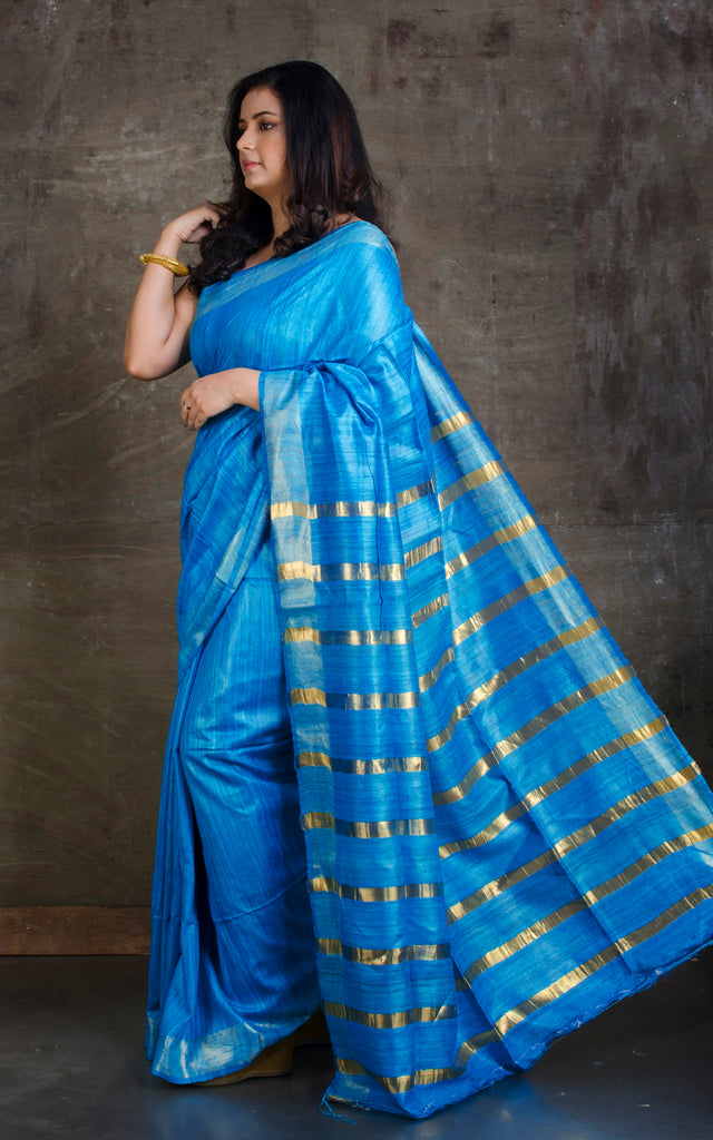 Gicha Tussar Silk Saree with Woven Gold Bands Pallu in Mariner Blue an ...