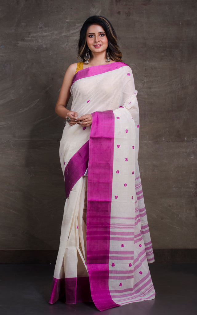 Bengal Handloom Satin Silk Border Cotton Saree in White and Deep Purpl ...