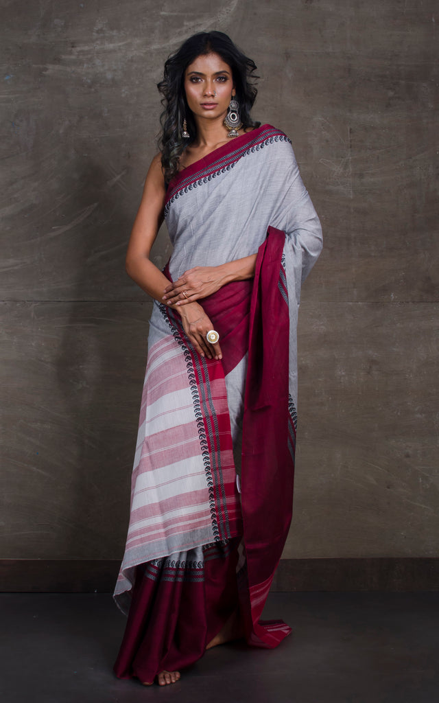 Bengal Handloom Designer Cotton Saree in Grey, Maroon and Black ...