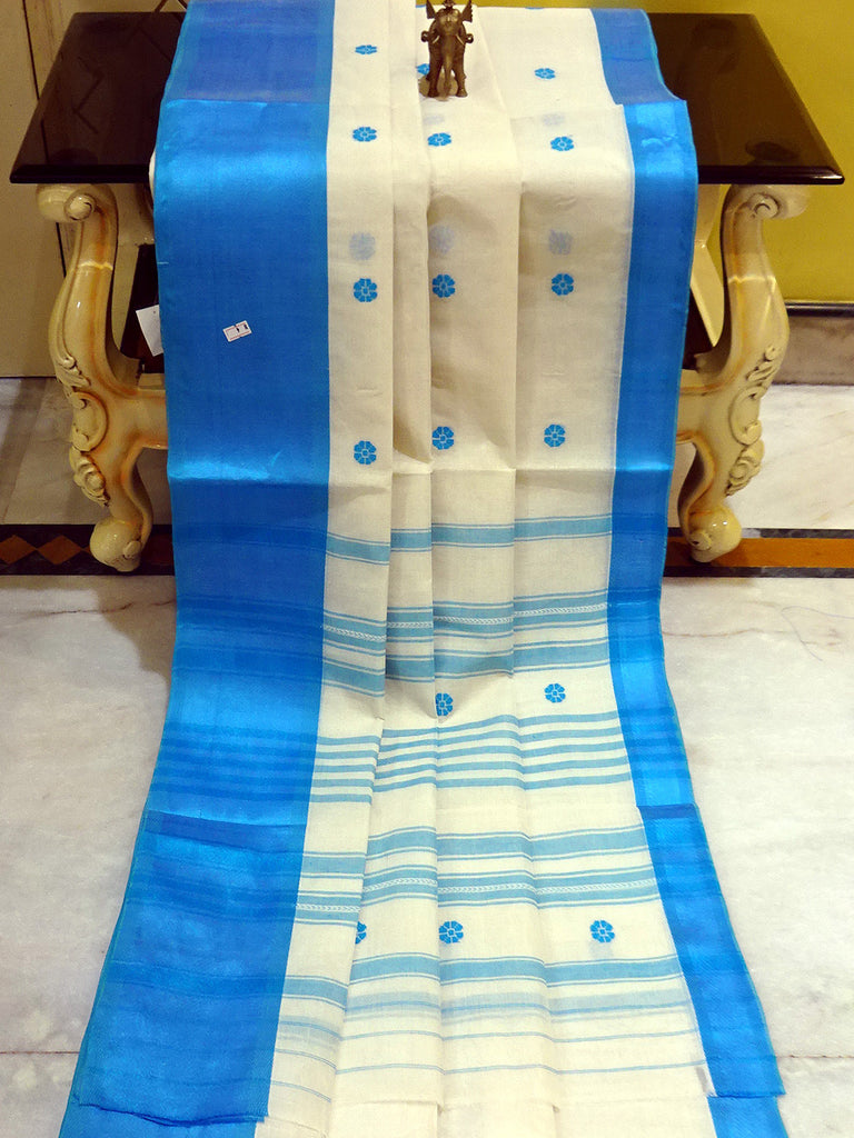 Bengal Handloom Satin Silk Border Cotton Saree in White and Azure Blue ...