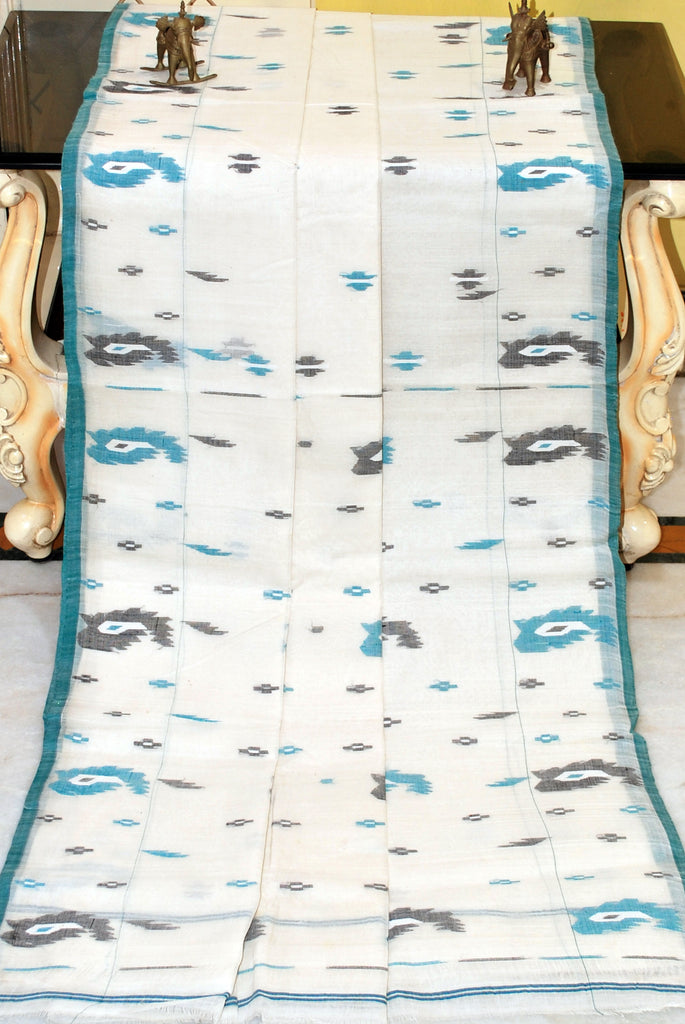 Traditional Hand Karat Work Cotton Jamdani Saree in White, Teal and Bl ...