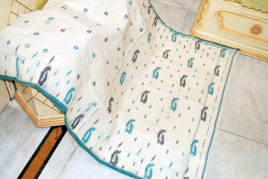 Traditional Hand Karat Work Cotton Jamdani Saree in White, Teal and Bl ...