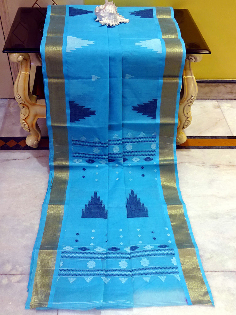 Tanchui Border Cotton Dhakai Jamdani Saree in Sky Blue, Navy Blue and ...