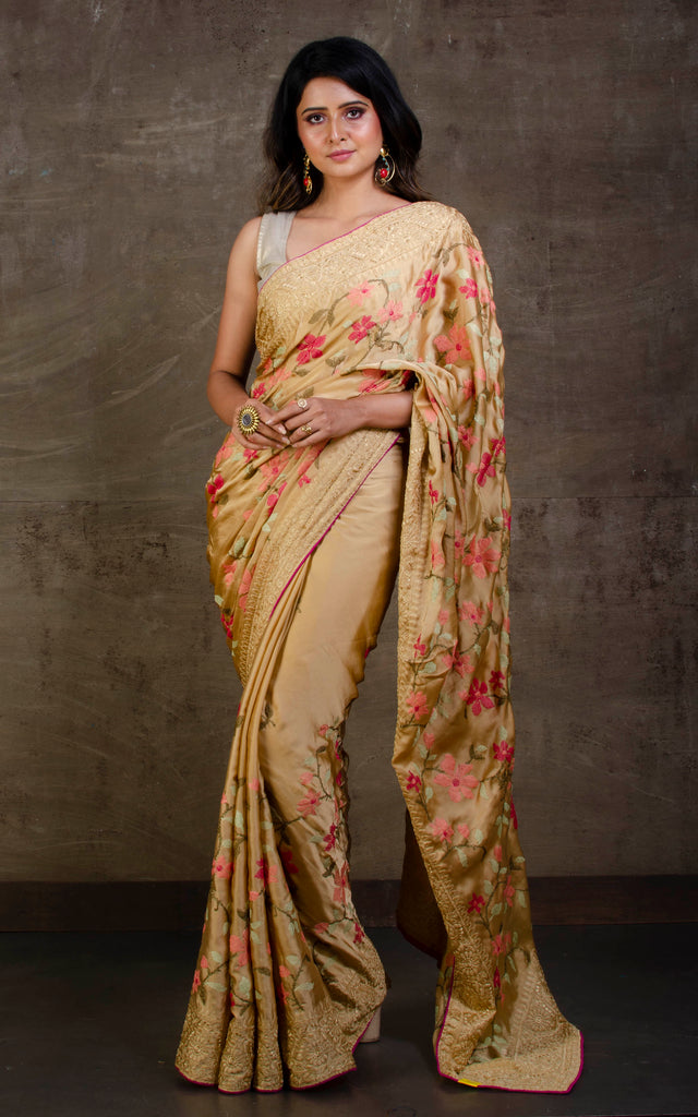 Parsi Cross Stitch Work Designer Italian Crepe Silk Saree in Beige, Ma ...