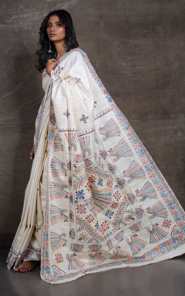 Hand Paint Madhubani on Off White Gicha Tussar Silk Saree – Bengal ...