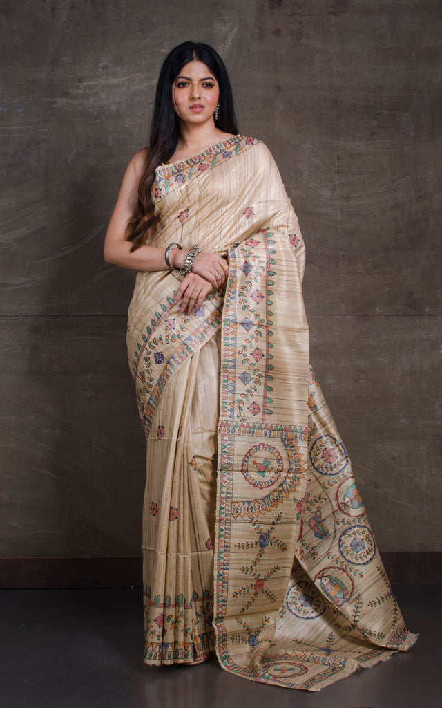 Hand Paint Madhubani on Pure Gicha Tussar Silk Saree – Bengal Looms India